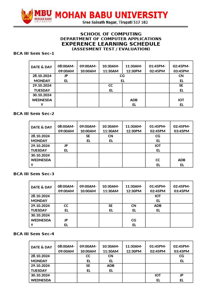 Bca III Sem El Schedule | PDF