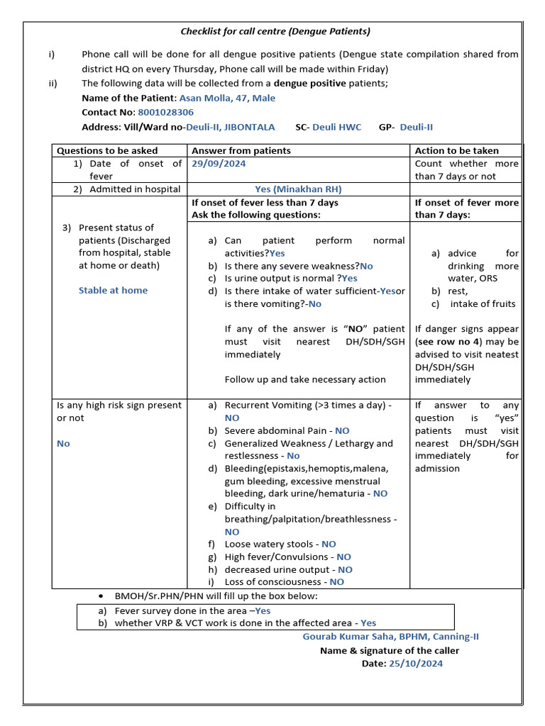 Dengue Patient Call Centre Checklist | PDF | Human Diseases And ...