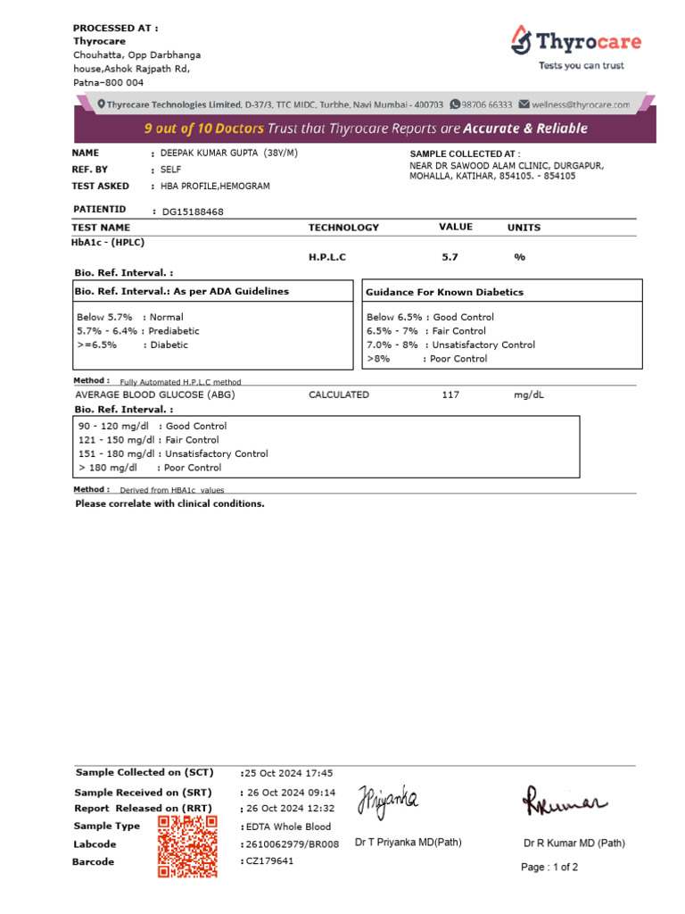 HbA1c and Hemogram Test Report | PDF | White Blood Cell | Body Fluids