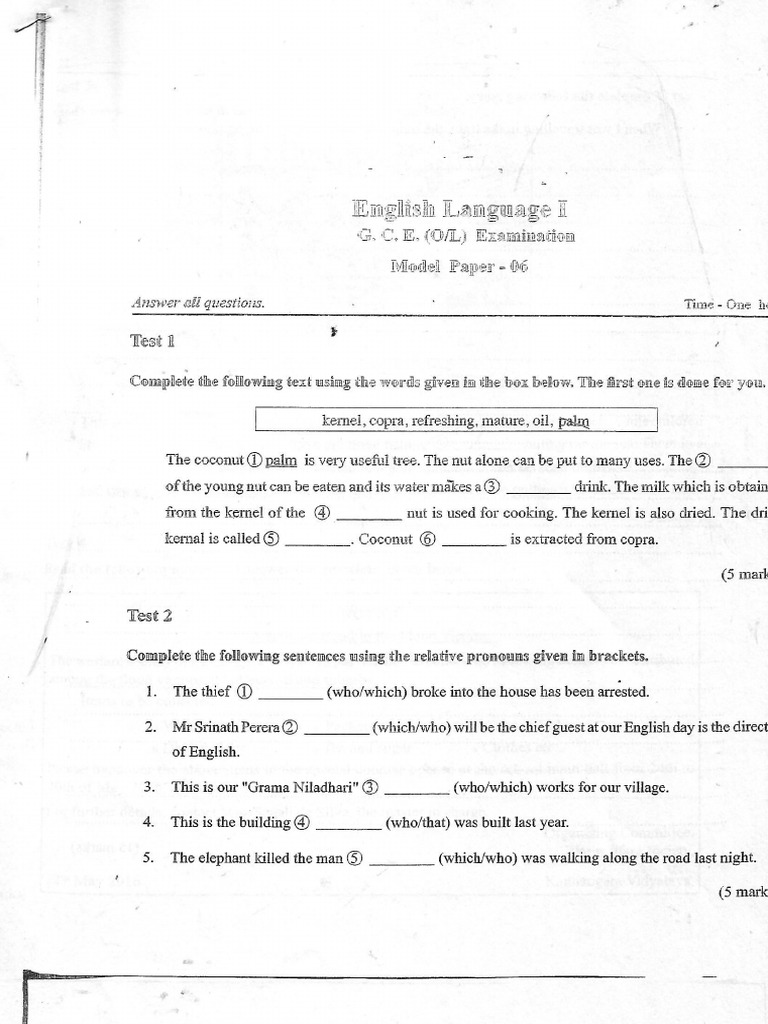 OL English Model Paper No 6 With Answers | PDF