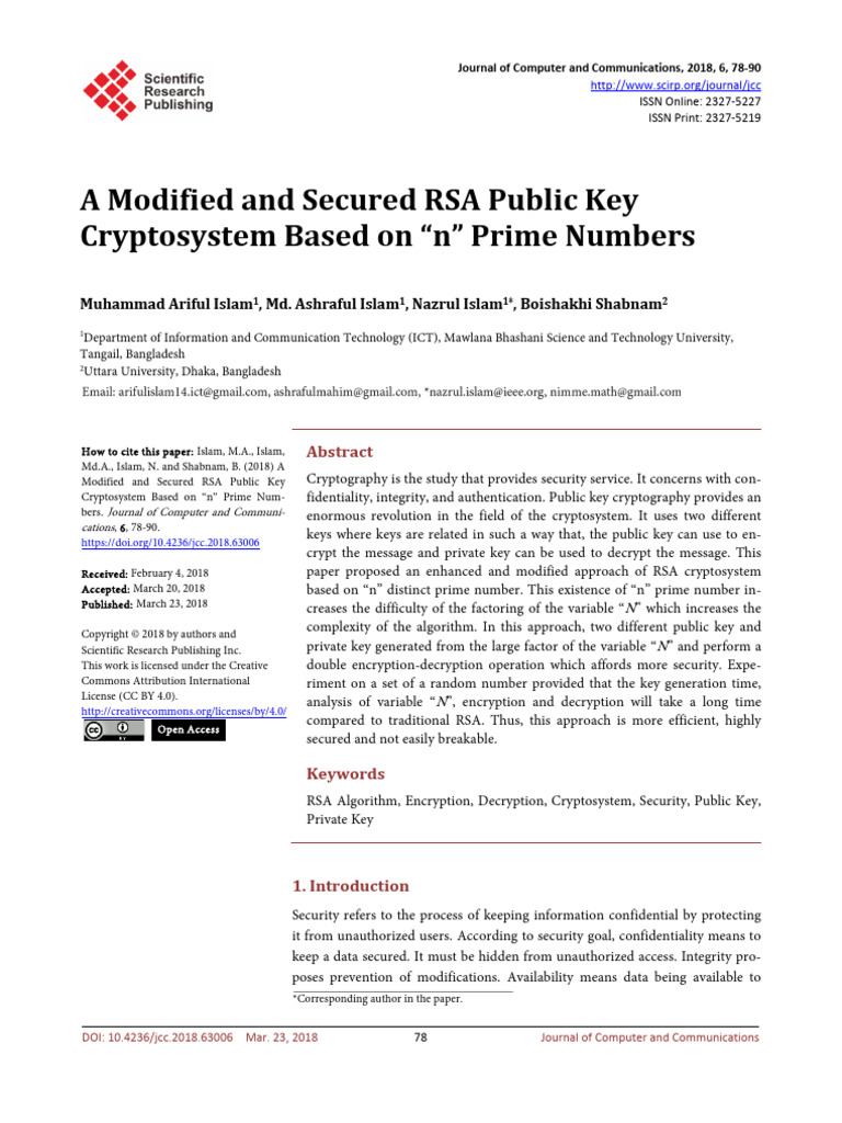 RSA for n intergers, 123 | PDF | Key (Cryptography) | Public Key Cryptography