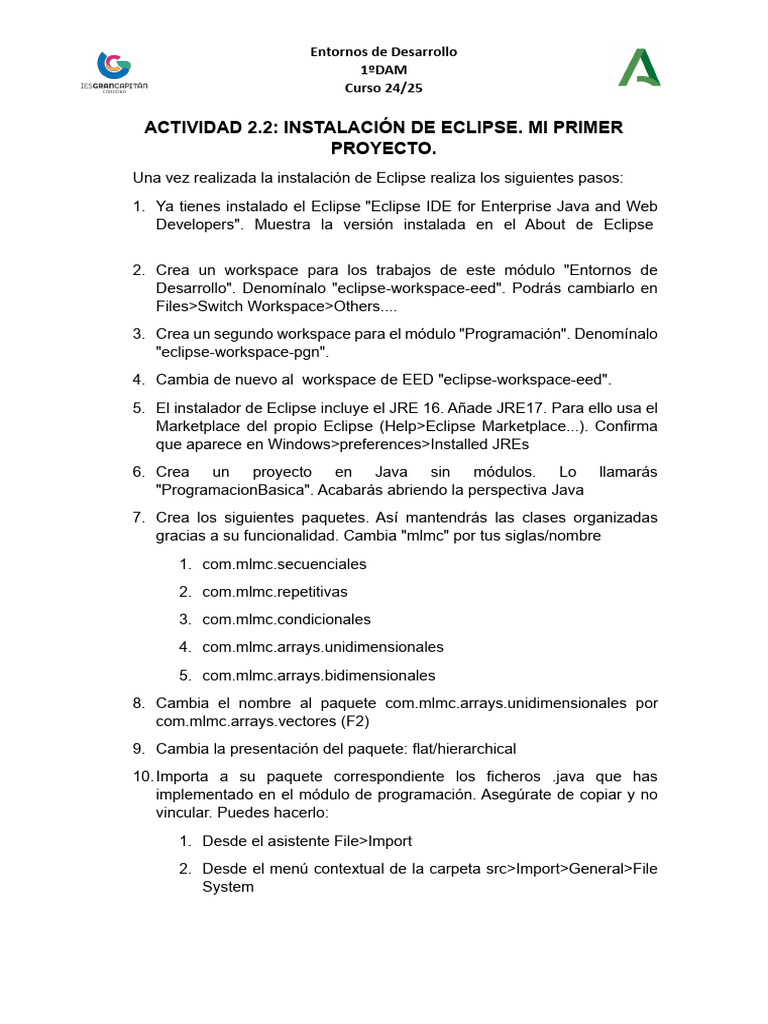 ED - ACTIVIDAD 2.2. Instalación de Eclipse. Mi Primer Proyecto | PDF | Eclipse (software) | Java ...