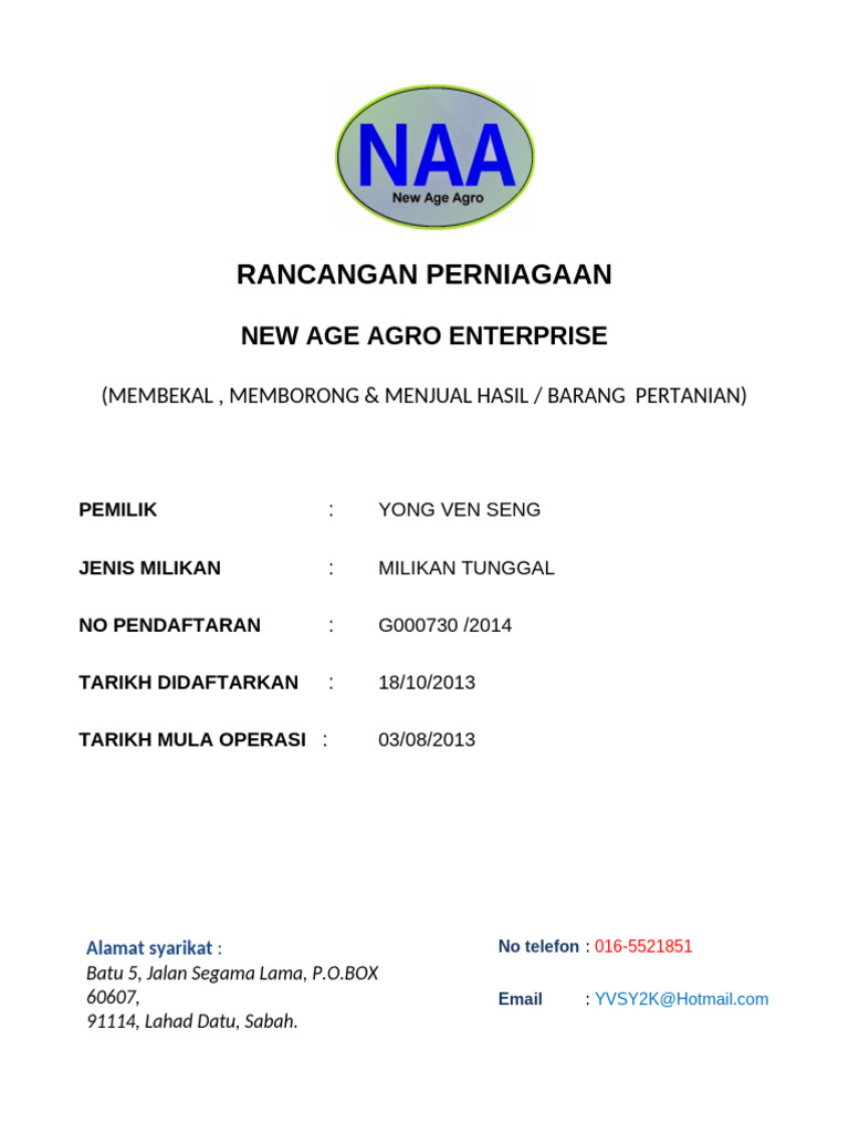 Rancangan Perniagaan New Age Agro | PDF