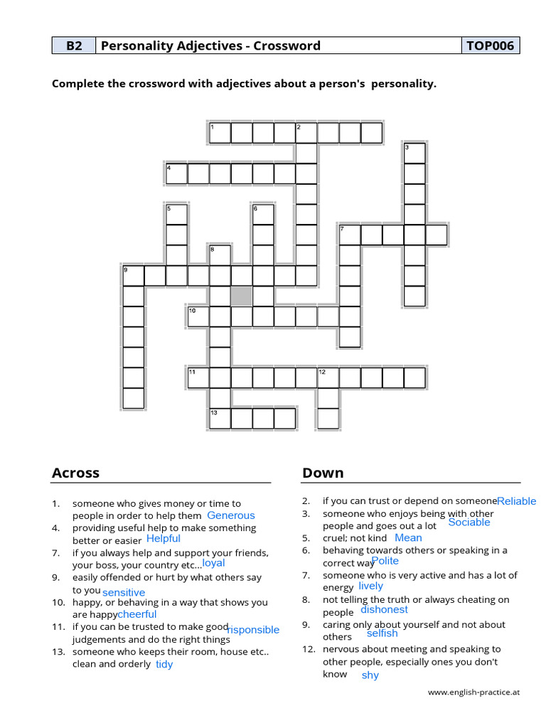 Personality Adjectives Crossword Puzzle | PDF