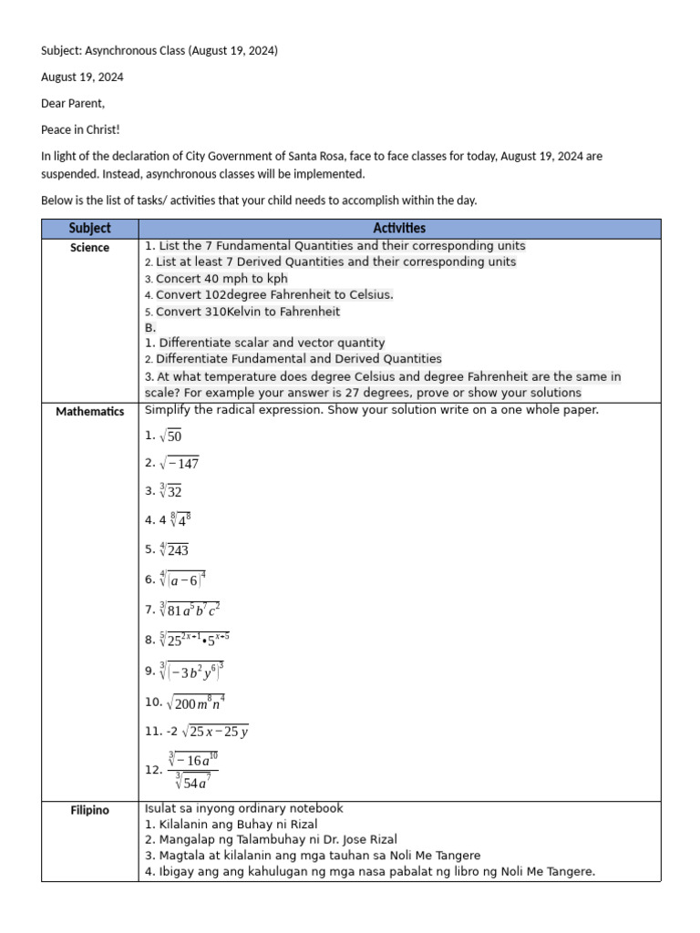 Asynchronous Class Letter | PDF | Fahrenheit