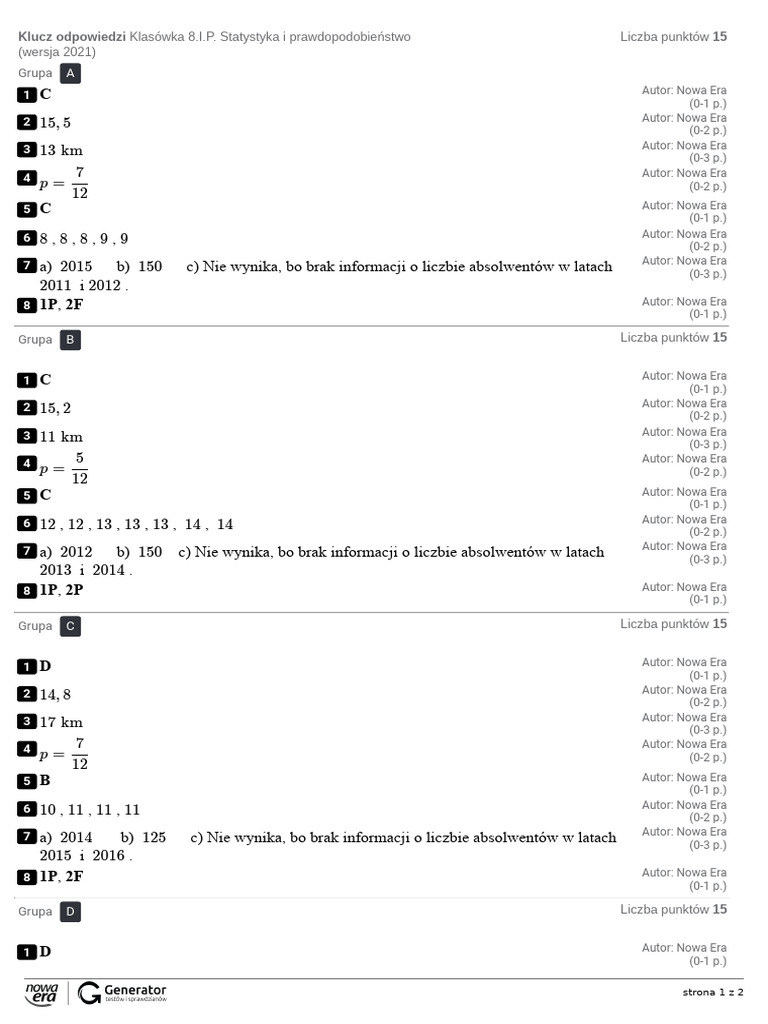 Klasówka 8.I.P. Statystyka I Prawdopodobieństwo (Wersja 2021) Klucz Odpowiedzi | PDF