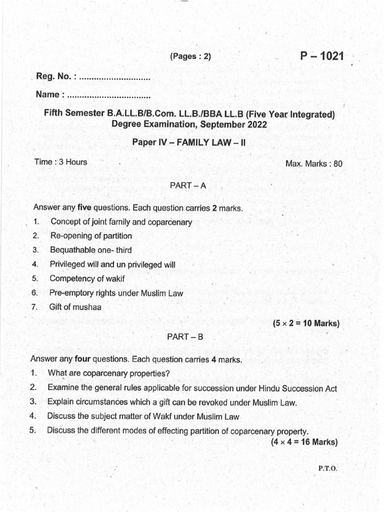 2022 Sep 5 Sem BA BBA Bcom Family Law | PDF