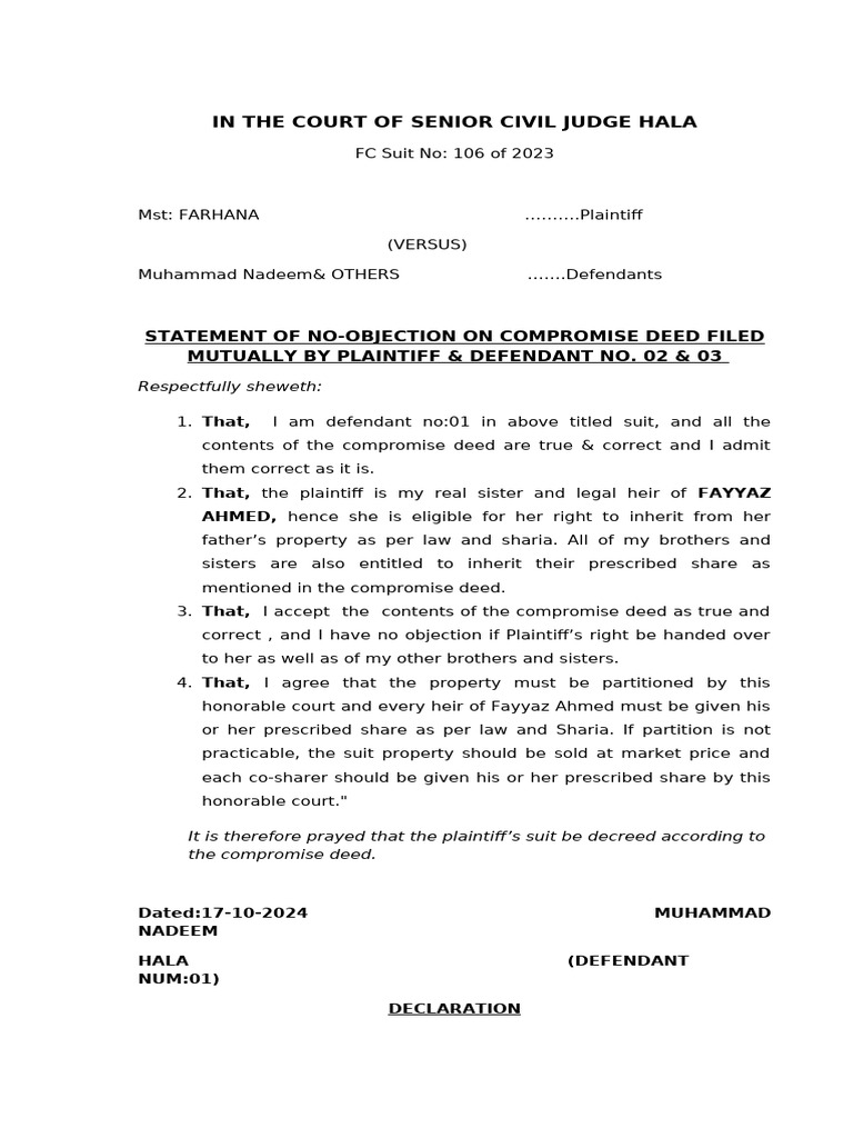 No-Objection Statement in Inheritance Case | PDF