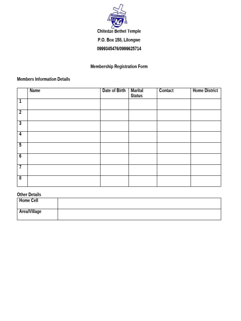 Chitedze Bethel Temple Registration Form | PDF