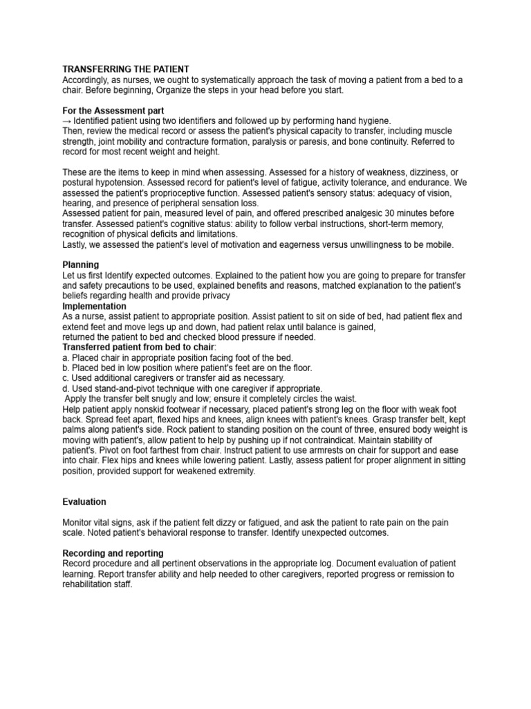 Patient Transfer Procedure for Nurses | PDF | Pain | Balance (Ability)