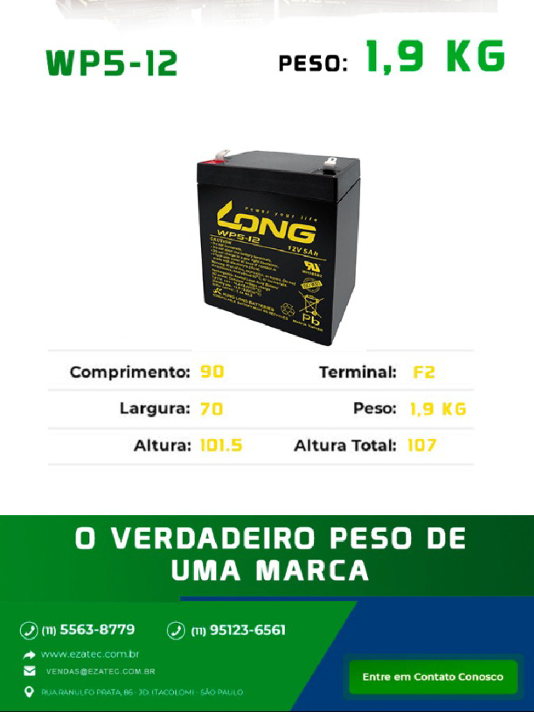 Bateria Selada VRLA 12V 5Ah marca LONG, modelo WP5-12 | PDF