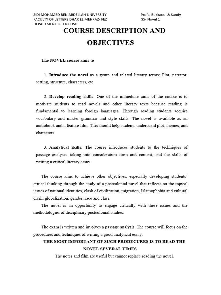 Novel 1-COURSE DESCRIPTION AND OBJECTIVES | PDF | Language Arts ...