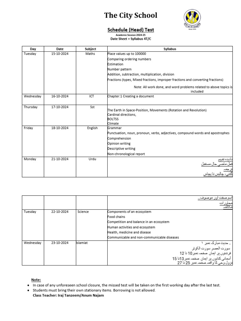 Grade 4C and T Headtest Date Sheet | PDF | English Grammar | Linguistics