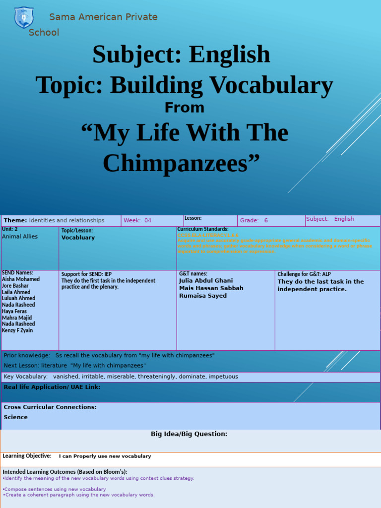 Lesson2-vocabulary-My Life With The Chimpanzees | PDF | Vocabulary | Anger