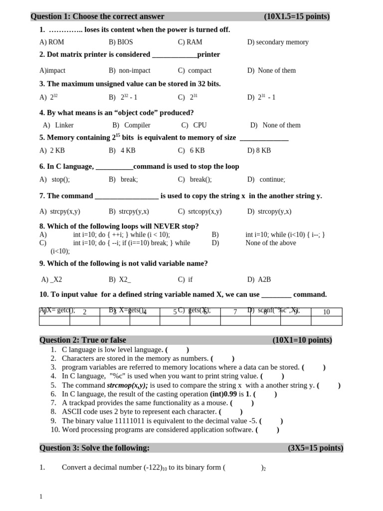 Exam 1 Pdf C Programming Language Integer Computer Science