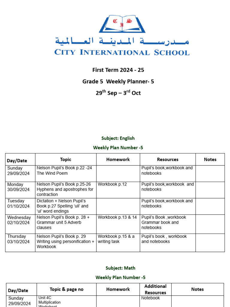 Grade 4 Weekly Planner: Term 2023-24 | PDF | Worksheet | Linguistics