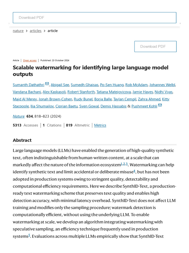 Scalable Watermarking For Identifying Large Language Model Outputs - Nature | PDF | Computing ...