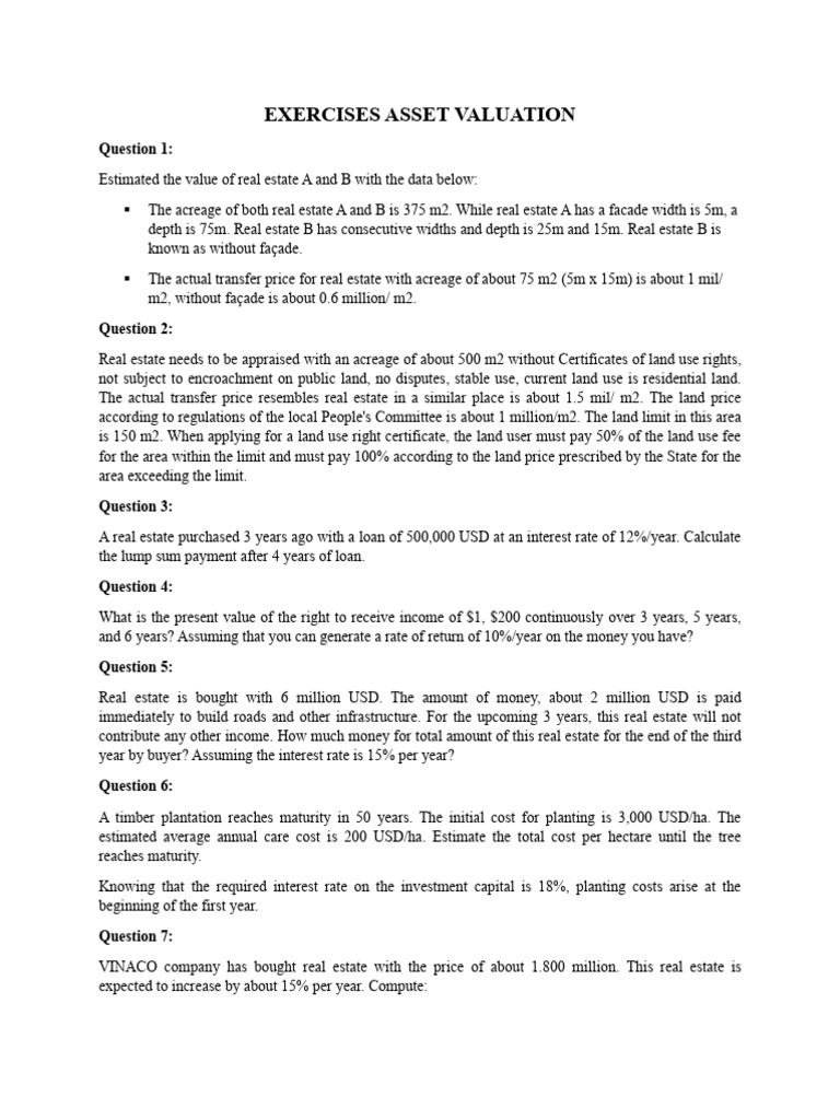 Exercises Asset Valuation | PDF | Real Estate Appraisal | Interest