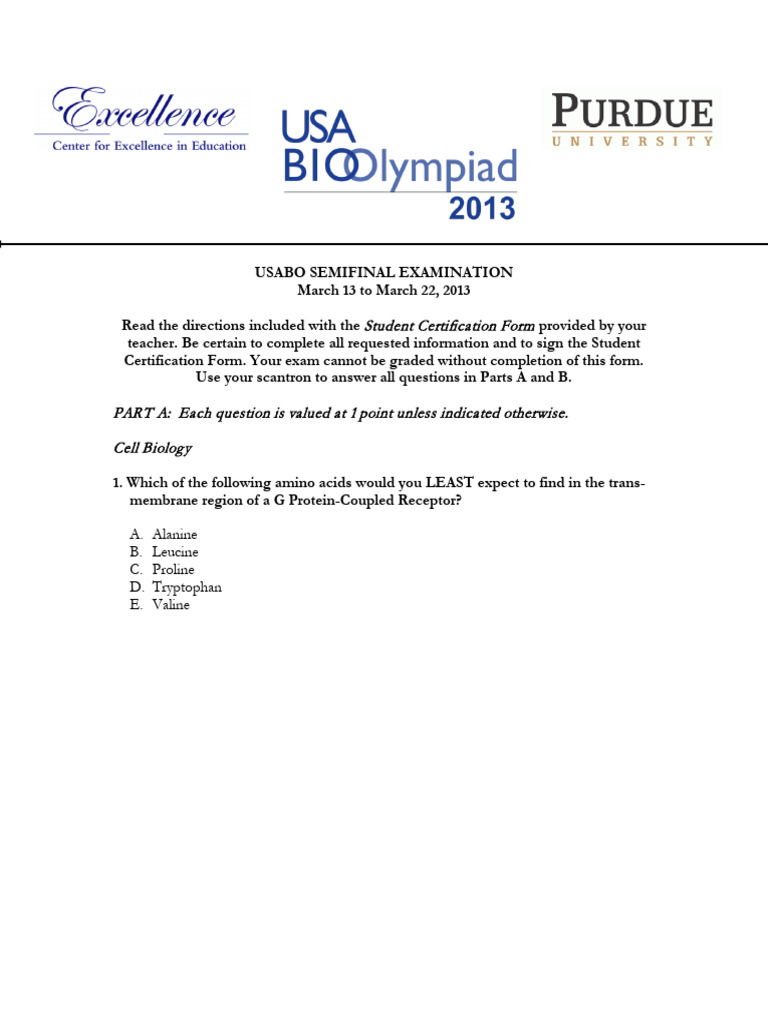 2013 USABO半决赛 | PDF | Chemical Synapse | Genetic Code