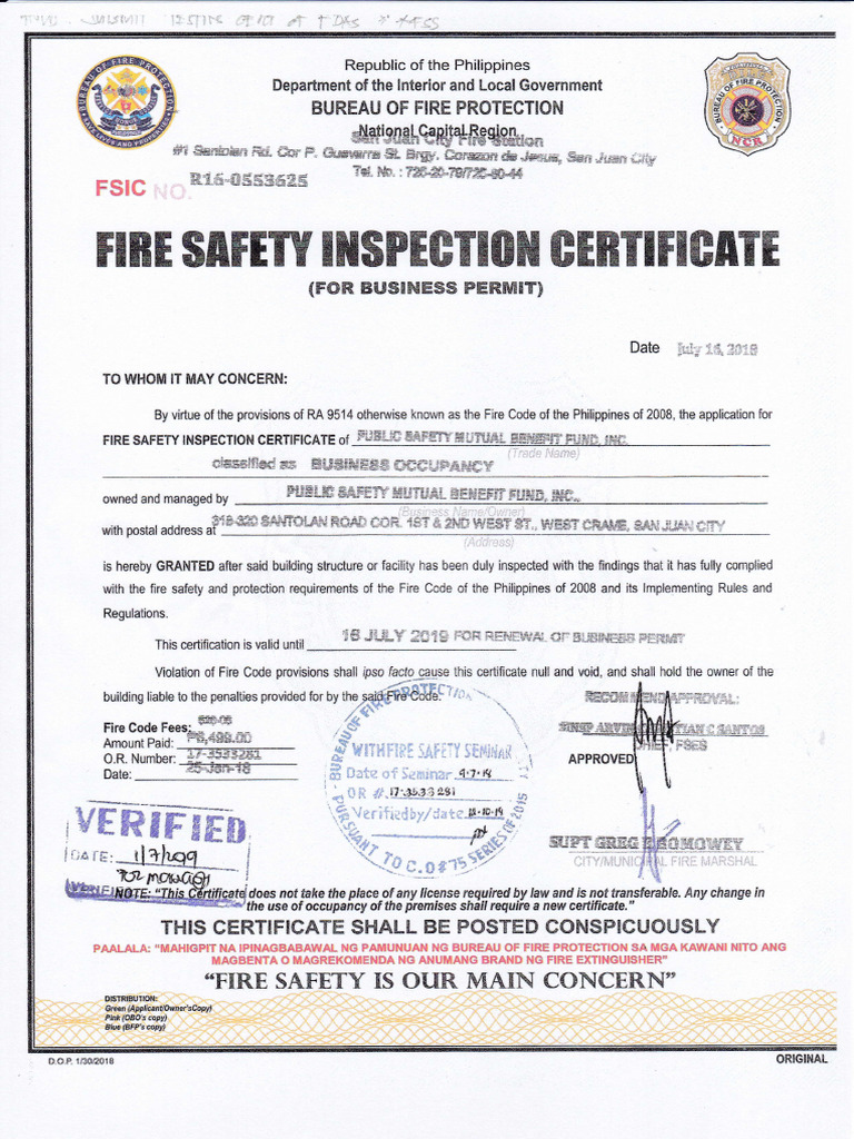 Certificate From Bureau of Fire FIRE SAFETY INSPECTION CERTIFICATE 2018 ...