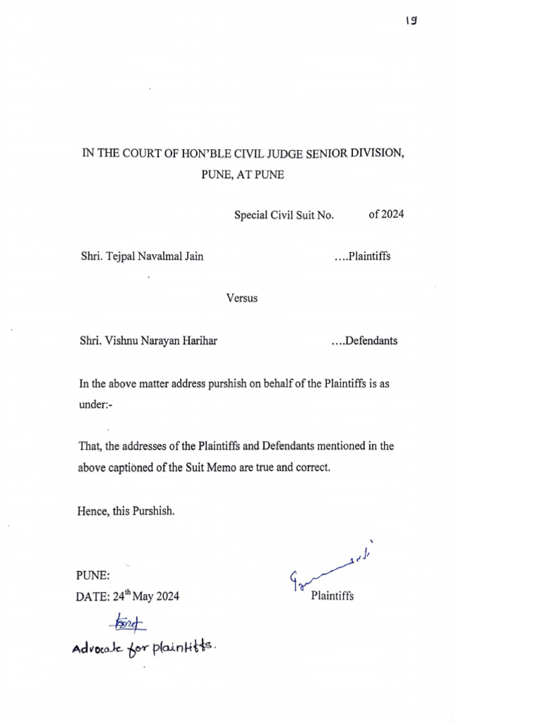 Pune Civil Suit Address Purshish | PDF | Law