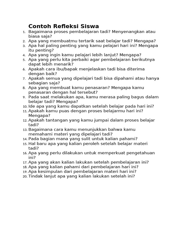 Contoh Refleksi Pembelajaran Siswa | PDF