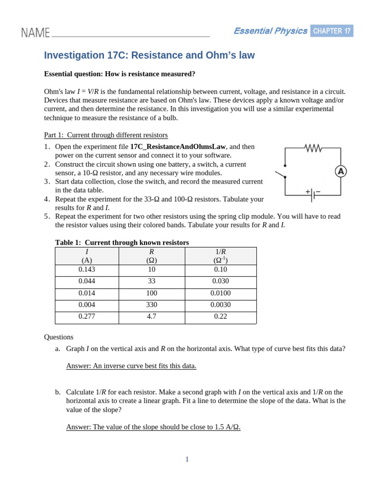 17C ResistanceAndOhmsLawAnswers | PDF | Electrical Resistance And Conductance | Resistor