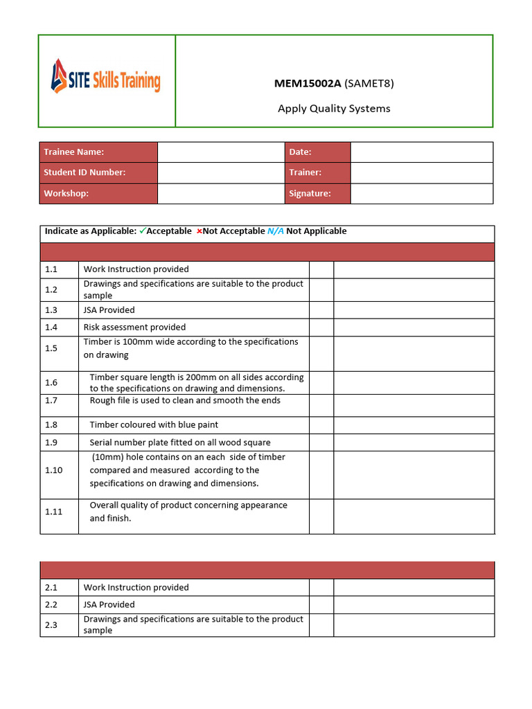 SAMET8 Activity Work Sheet - Apply Quality Systems - Audit Checklist ...