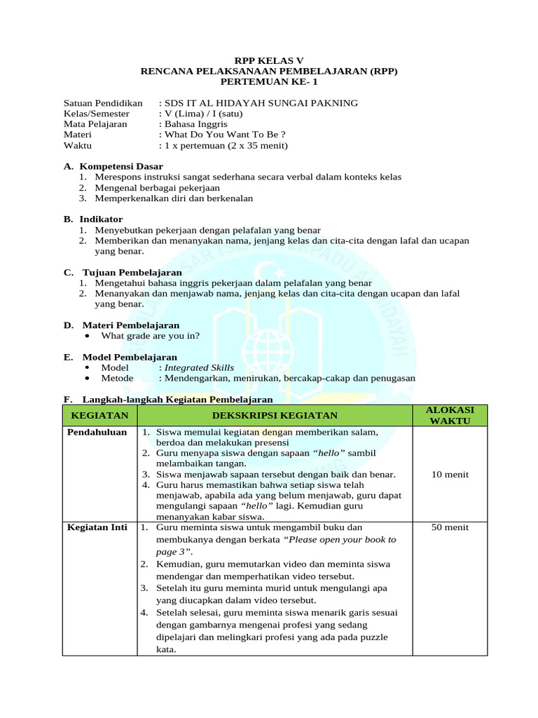 RPP Kelas V (B.ing) | PDF