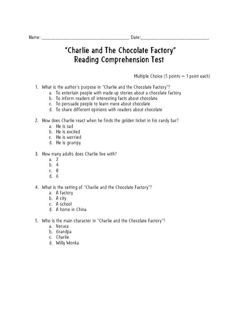 "Charlie and The Chocolate Factory" Reading Comprehension Test | PDF ...