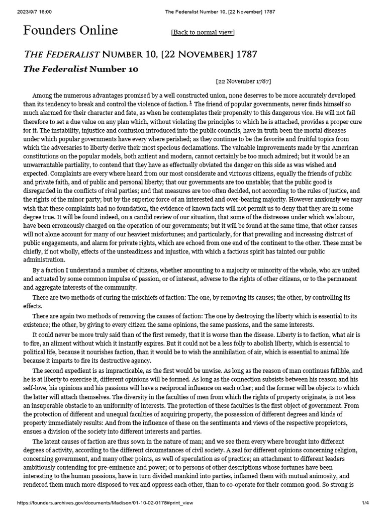 Lectura 3 (Federalist Number 10) | PDF