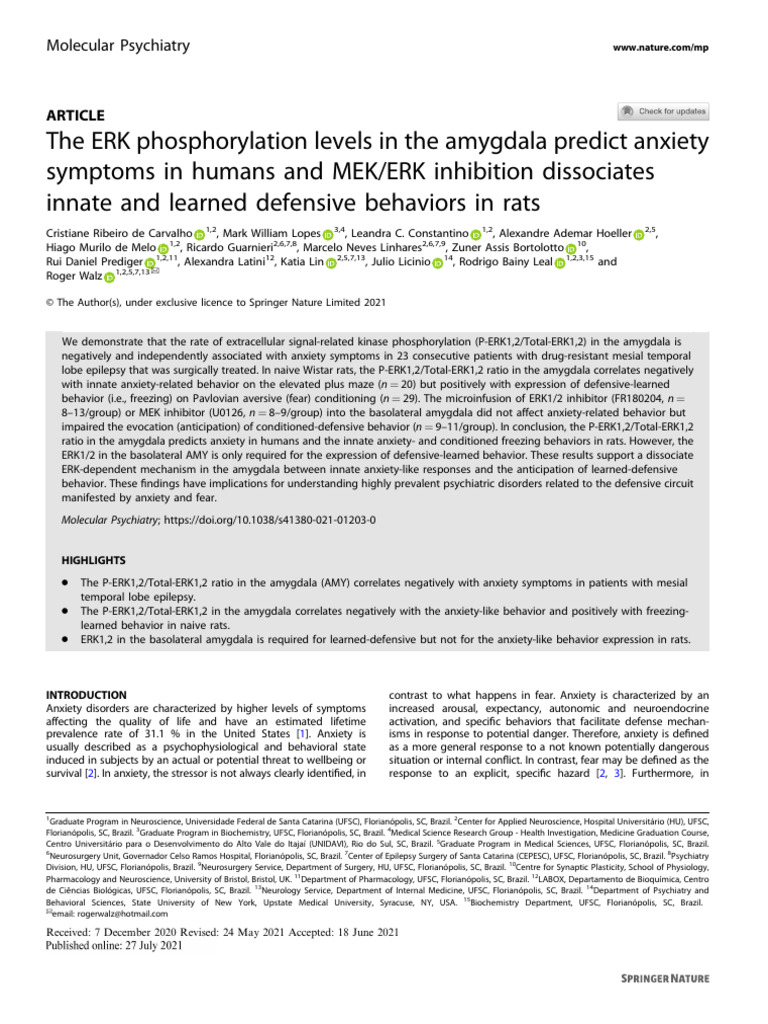 The ERK Phosphorylation Levels in The Amygdala Predict Anxiety | PDF | Mitogen Activated Protein ...