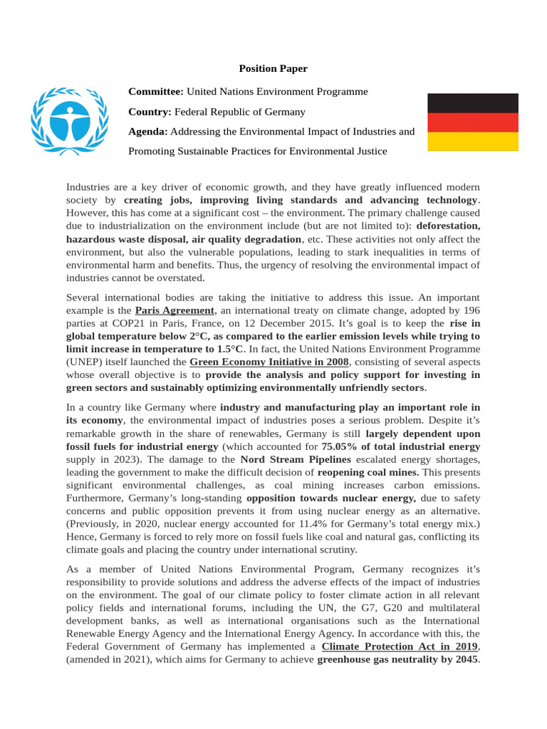 Model United Nations (MUN) Position Paper | PDF | Sustainability ...
