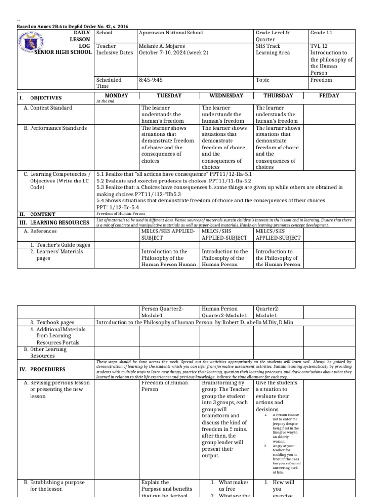 1 - SHS - DLL Intro g11 Q2 Week 2 | PDF | Learning | Concept