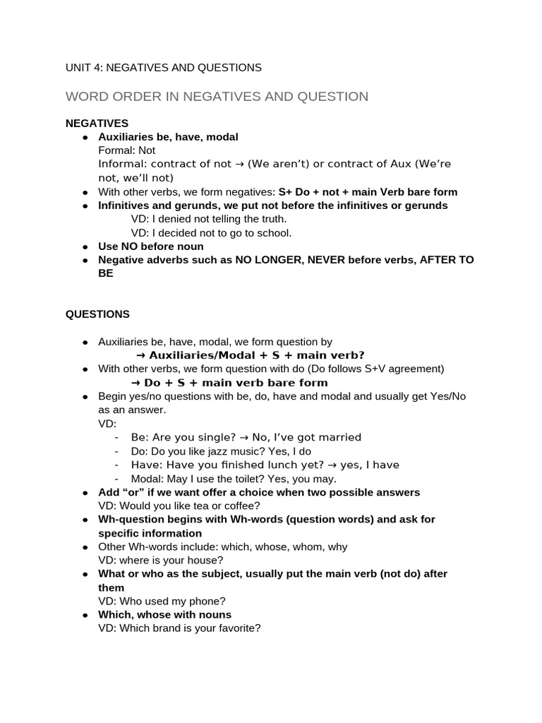 Unit 4 - Negatives & Questions Tag | PDF | Verb | Grammatical Number