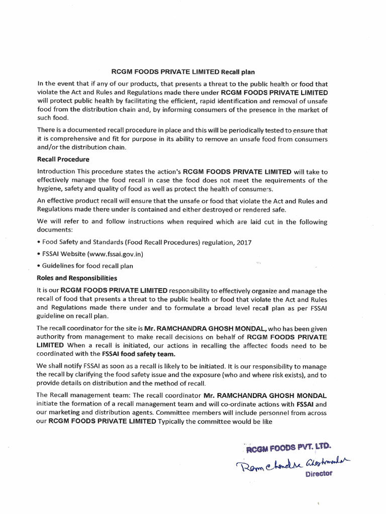 RCGM Foods AS RECALL PLAN | PDF