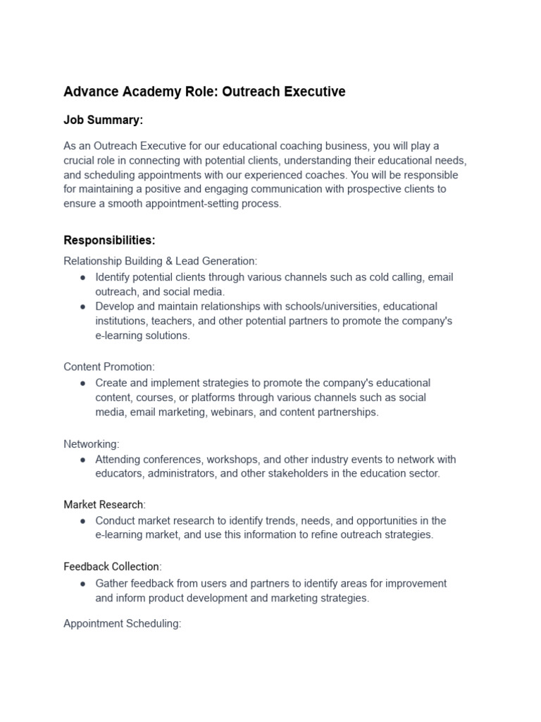 Outreach Executive - JD - Advance Academy | PDF | Customer Relationship ...