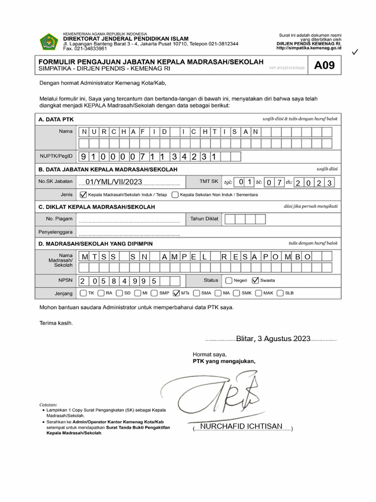 Formulir A09 - PENGAJUAN JABATAN KEPALA MADRASAH - SEKOLAH | PDF