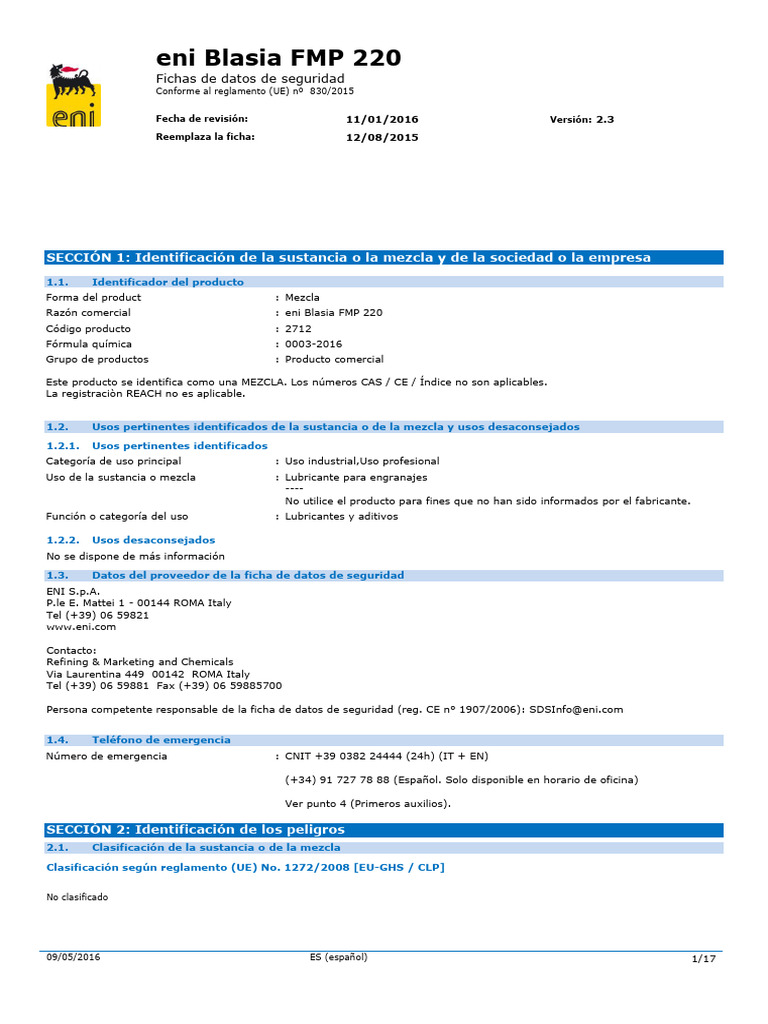 ENI BLASIA FMP 220_MSDS_HOJA DE SEGURIDAD | PDF | Química | Naturaleza