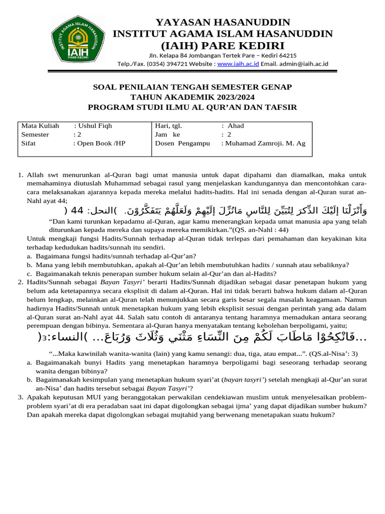 Soal UTS SMT 2-4-6-Zamroji - 2024 | PDF