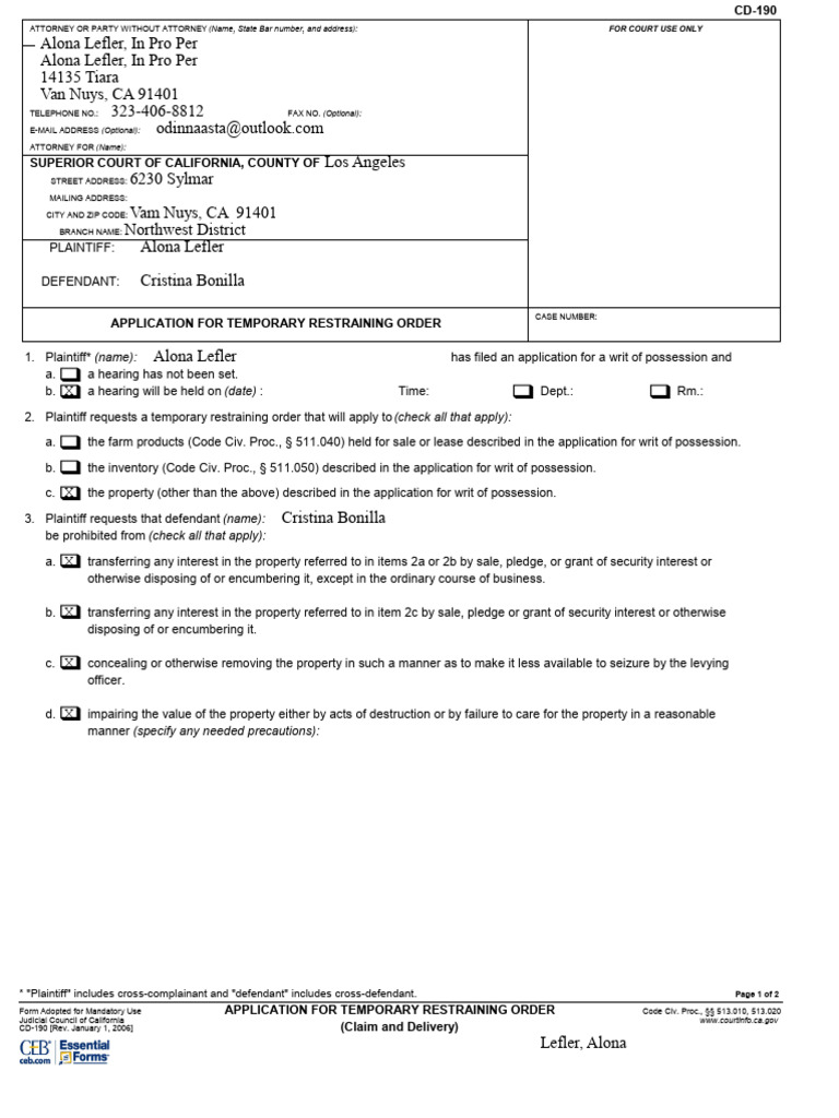 Application For Temporary Restraining Order (Claim and Delivery) | PDF ...
