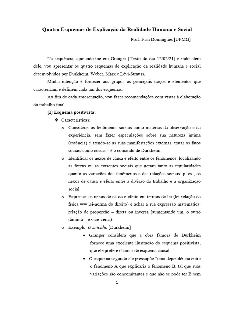 Esquemas de Explicação Social: Durkheim, Weber, Marx, Lévi-Strauss ...