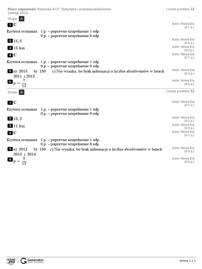 Klasówka 8.I.P. Statystyka I Prawdopodobieństwo (Wersja 2021) Klucz Odpowiedzi | PDF
