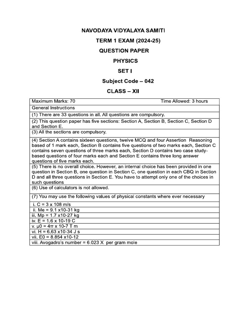 12 Phy.T-1.QP.2024.25RO.pune | PDF