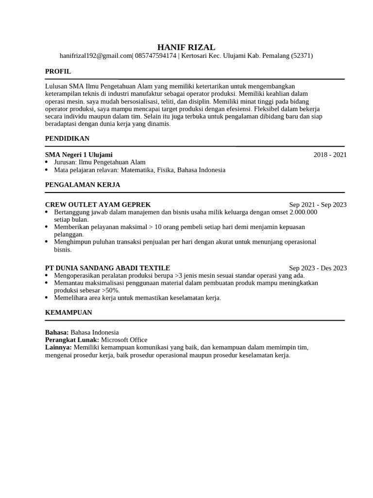 CV Operator Produksi Lulusan SMA | PDF