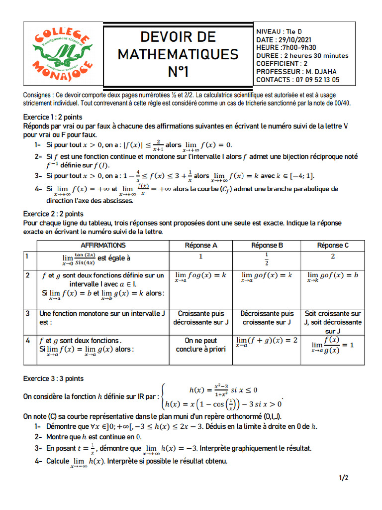 Tle D Devoir 1 Limite Et Continuite 2021-2022 by Djaha | PDF