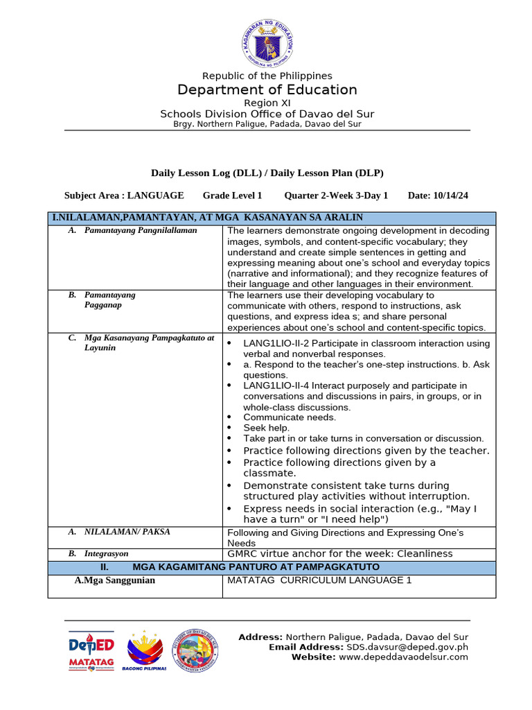 DLL Language Q2 Week3 Day1 | PDF | Behavior Modification | Communication