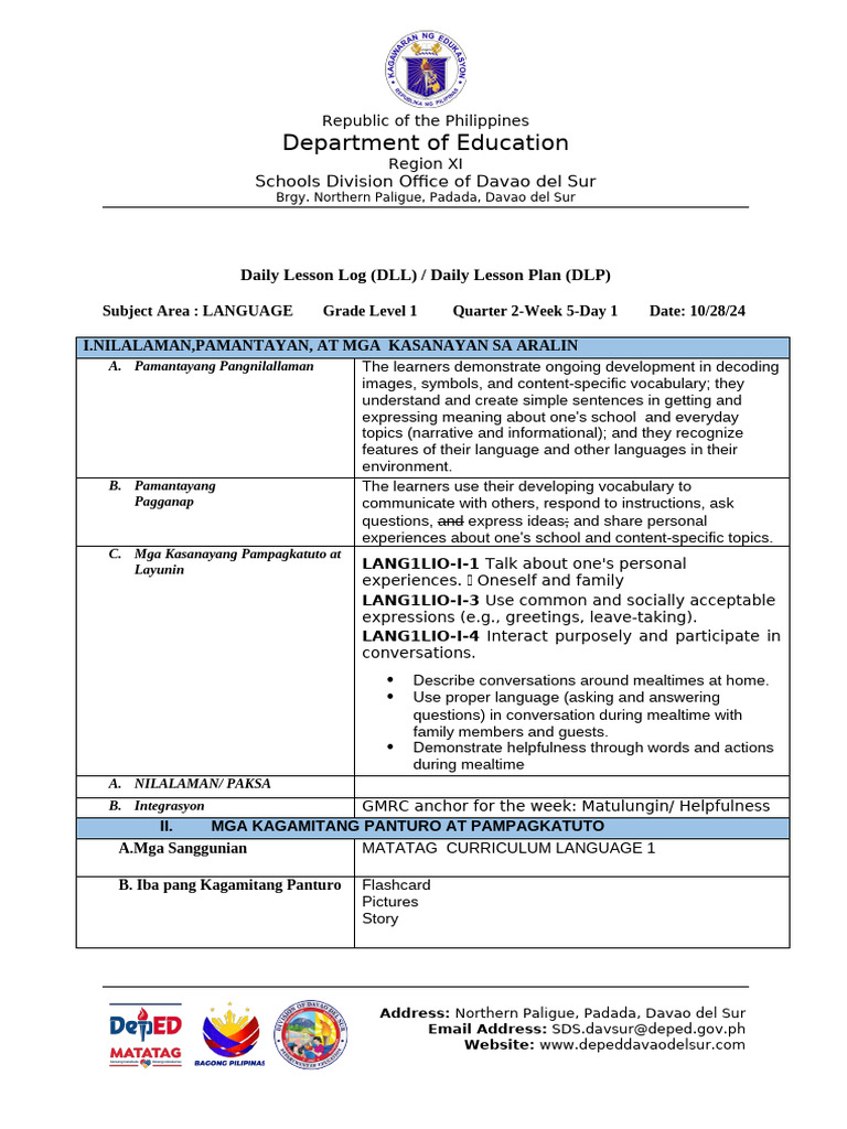 Grade 1 Language Lesson Plan | PDF | Human Communication | Behavior Modification