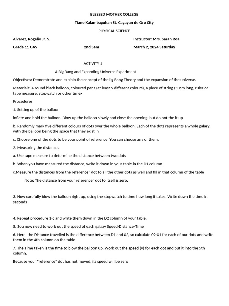 Physical Science Activity 1 | PDF | Universe | Physical Sciences