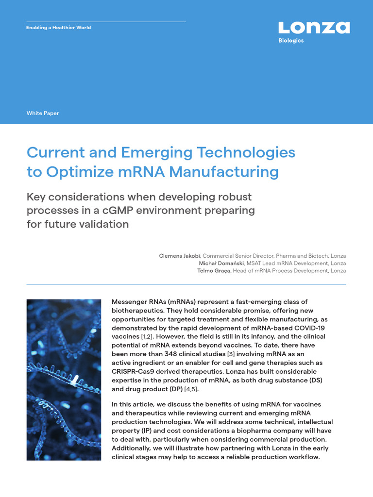 Current and Emerging Technologies To Optimize mRNA Manufacturing - Lonza | PDF | Messenger Rna ...